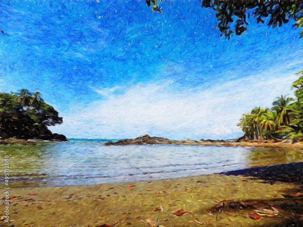 Watercolor and pastel drawing nature landscape, tropical travel and ...