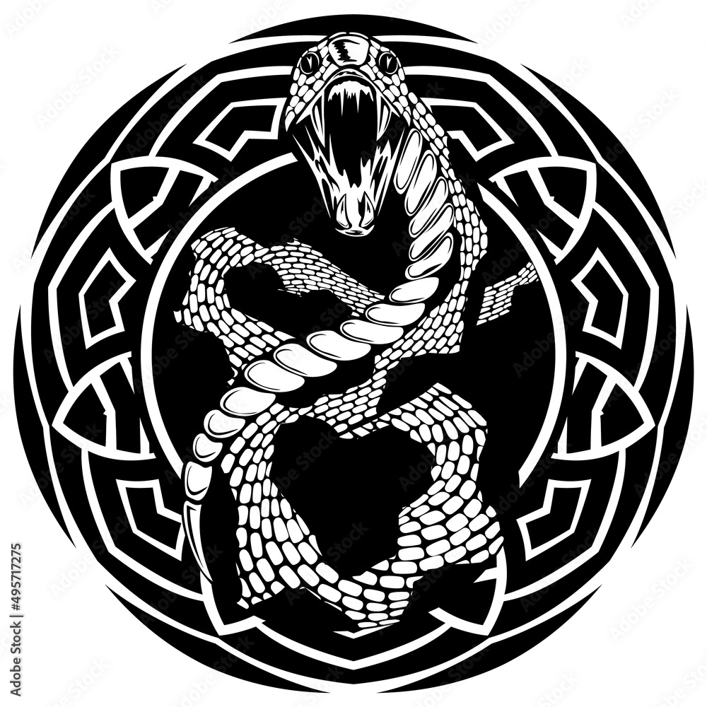 Abstract vector illustration black and whide snake with open mouth on ...