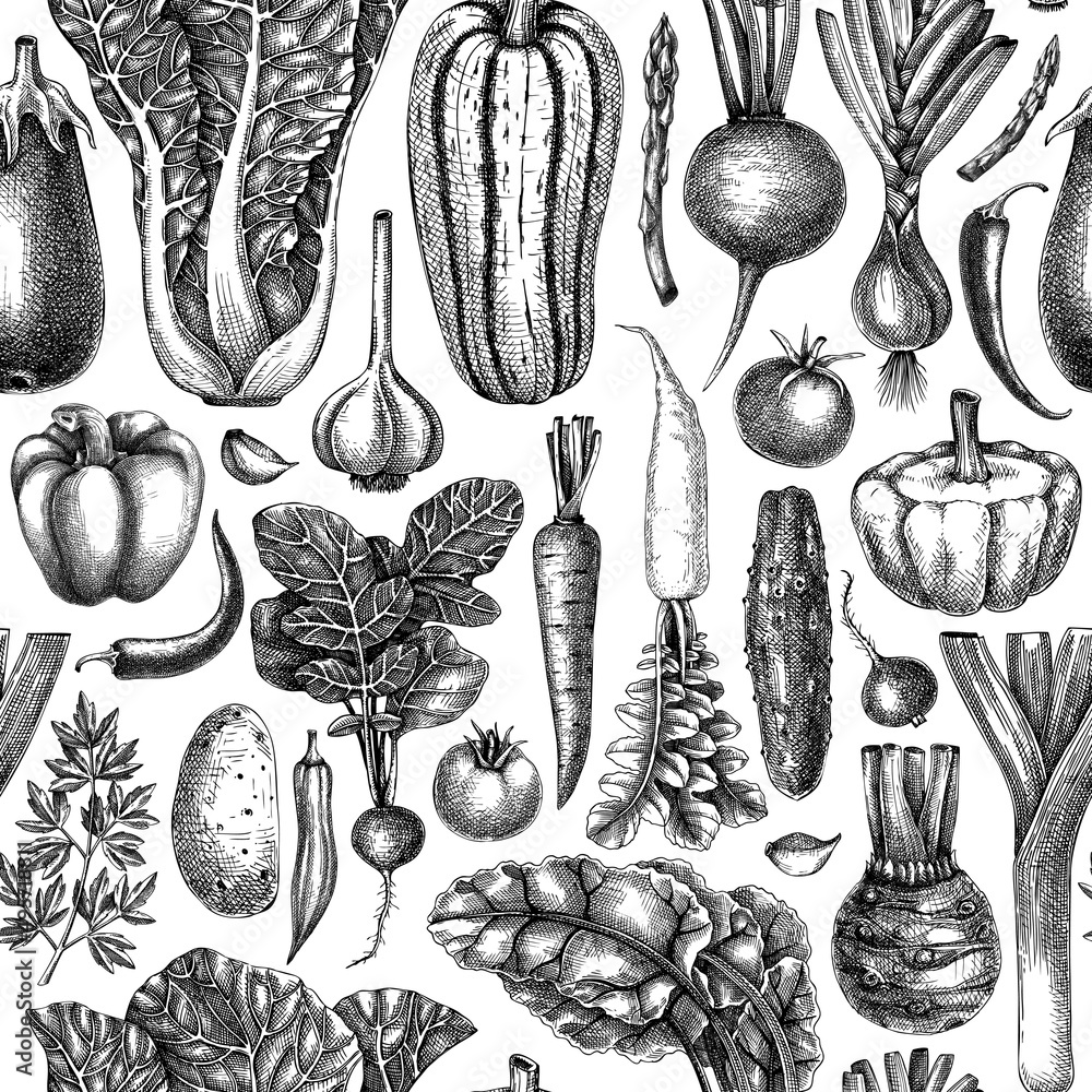 Hand-sketched vegetable seamless pattern. Vector background with ...