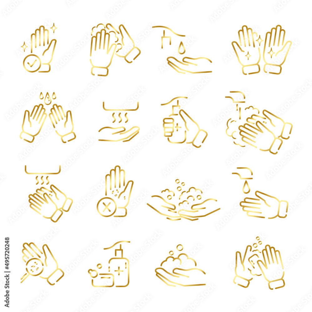 Hands washing flat icon set. Tutorial of hand cleaning pictograms for ...