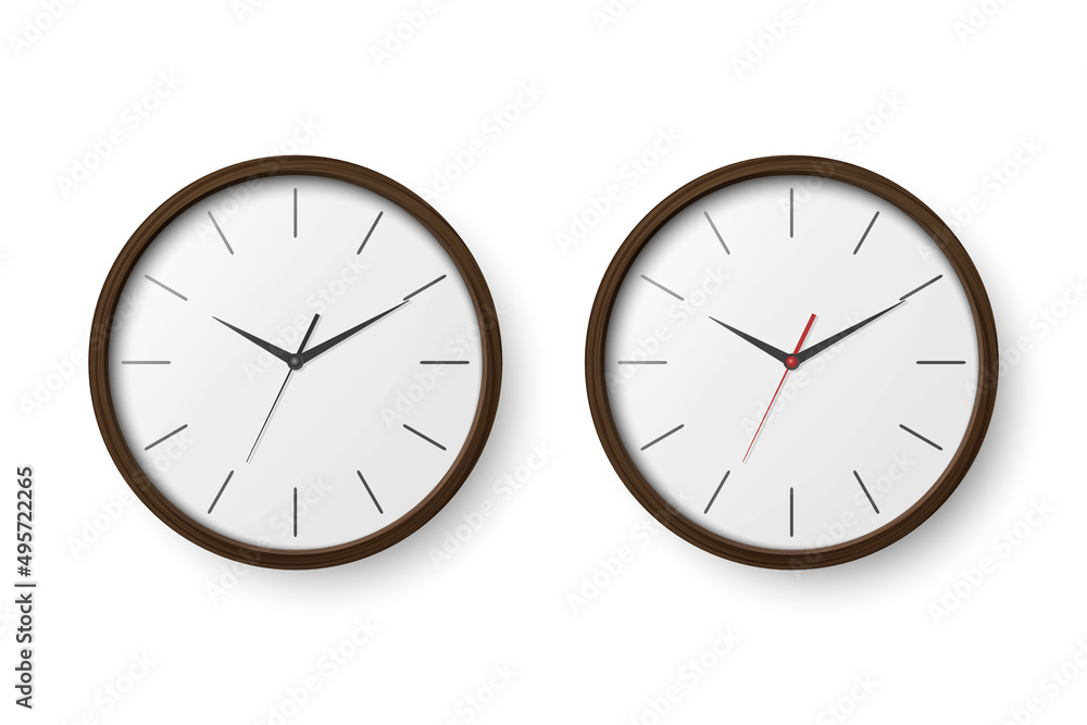Vector 3d Realistic Wooden Dark Brown Wall Office Clock Icon Set ...