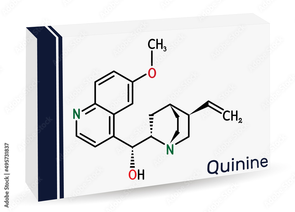Quinine molecule. It is natural alkaloid derived from the bark of the ...