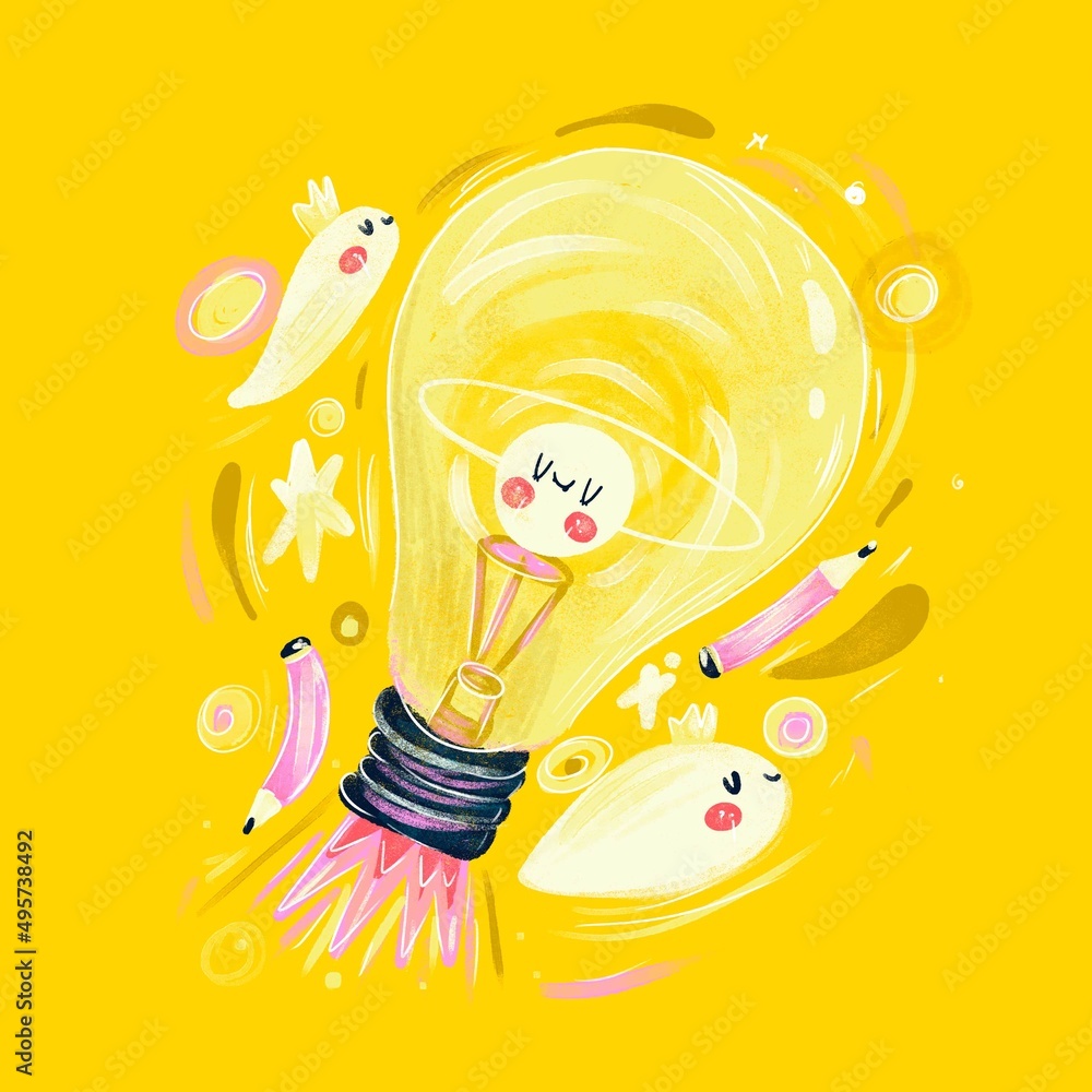 Ilustración de foco e ideas, creatividad y energía con fondo amarillo ...