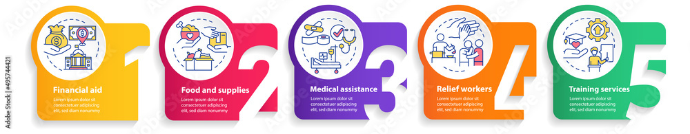 Countries providing different aid circle infographic template. Data ...