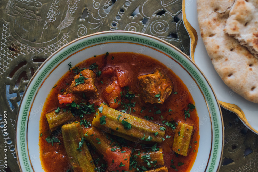 high angle view of Bamya Bamia okra beef middle eastern Persian Iraqi ...