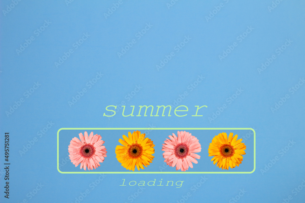 Loading bar icon in progress with pink and yellow flowers on a blue ...