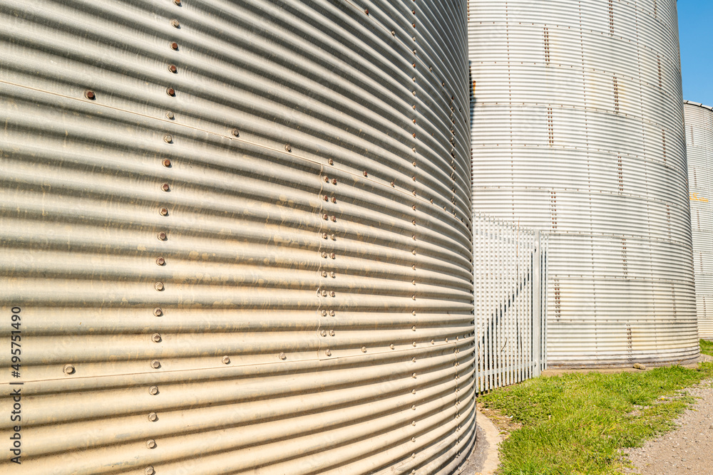 Abstract view of steel grain silo's seen at the edge of a milling ...