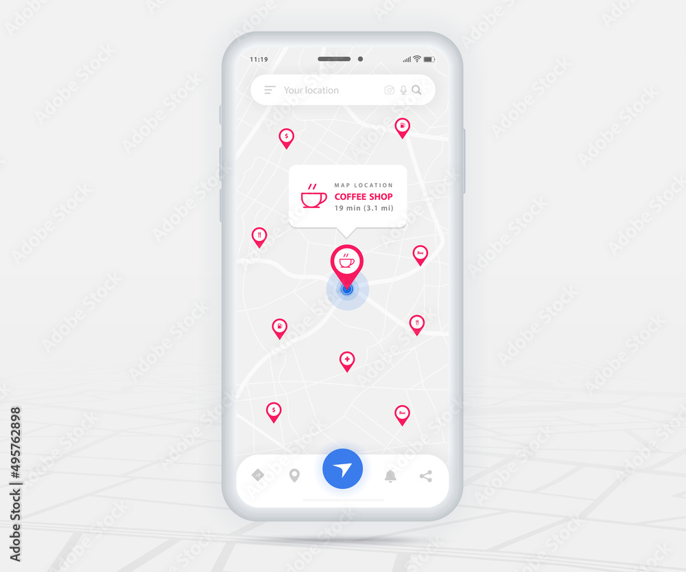 Map GPS navigation coffee shop app ux ui concept, Mobile map ...