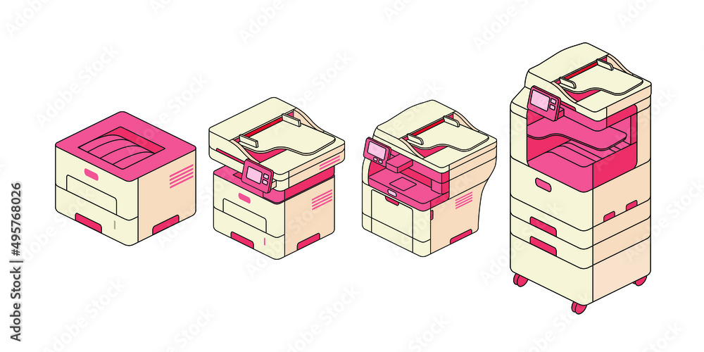 Vector icons of isometric office MFP. Printer logos in pink and bright ...