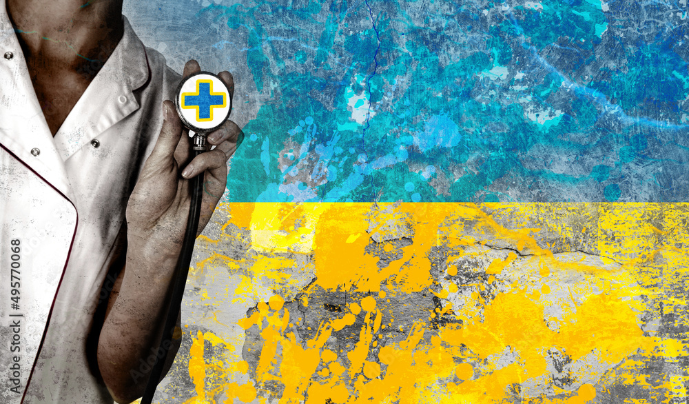 Medical assistance to Ukraine. Woman doctor with a stethoscope and the ...