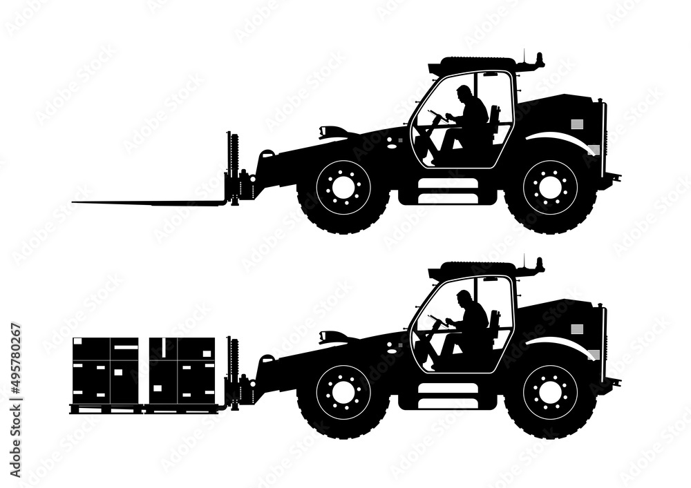 Silhouette of telehandler. Side view of telescopic handler with driver ...