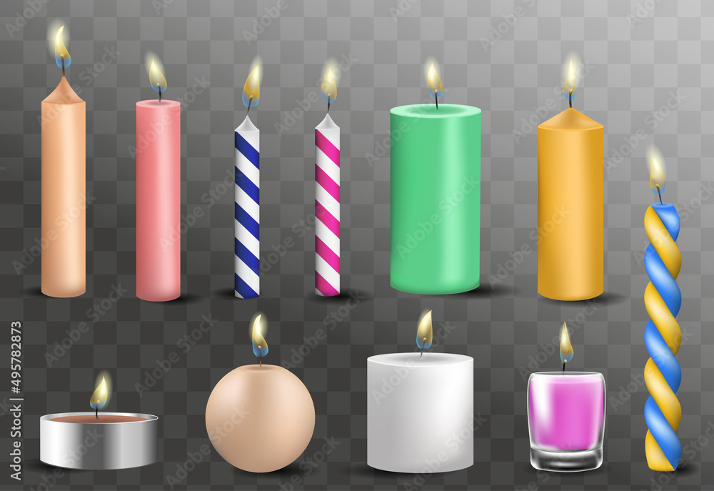 Realistic 3D Candle Icon Set On Gray Transparency Grid Background ...