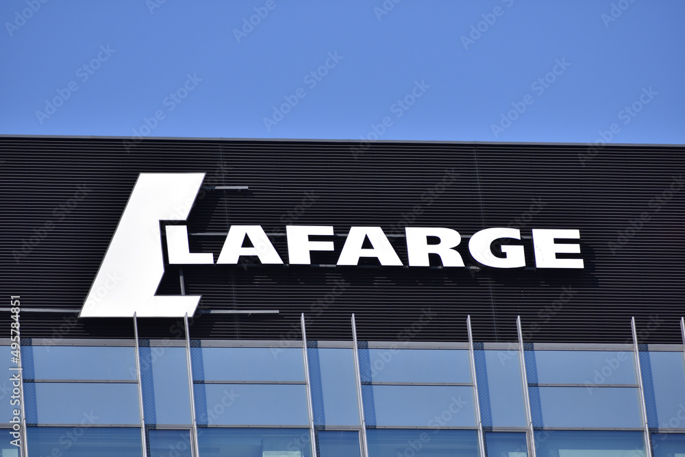 Lafarge logo, signage, emblem on the facade of Lafarge Cement SA ...