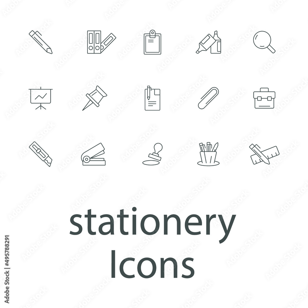 Office stationery icons set . Office stationery pack symbol vector ...