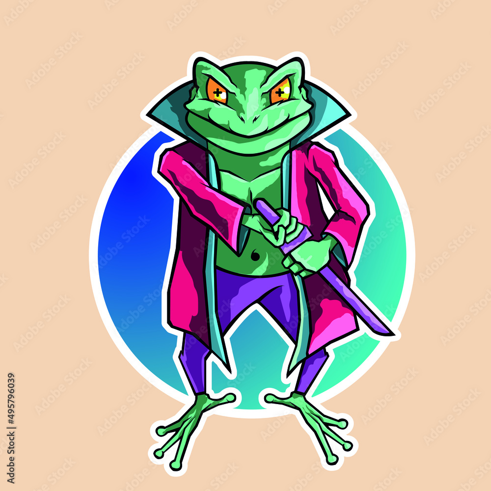 2d illustration of a samurai frog with a katana sword and kimono with a ...