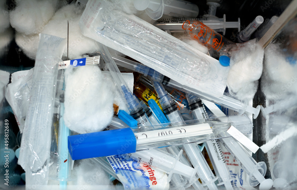 medical biohazard waste, disposal single use plastic, paper, cardboard ...