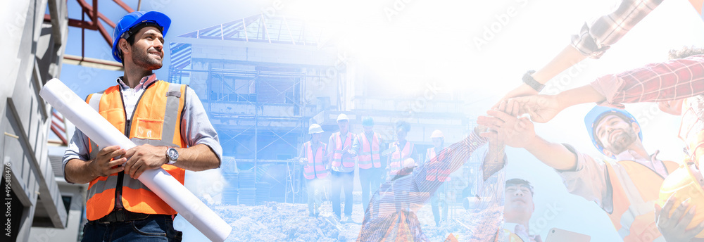 Double exposure of team construction engineer with abstract bokeh ...