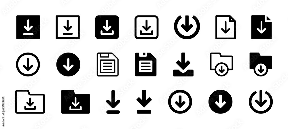 Download button icon collection. Downloading file icon set on black and ...