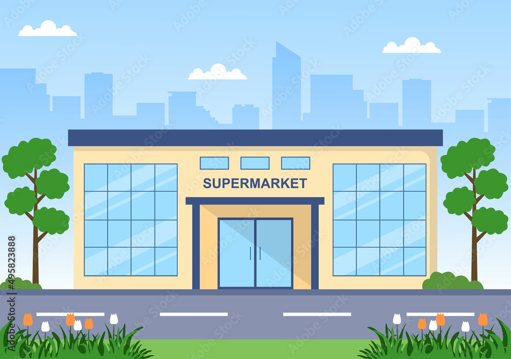 Supermarket Building with Shelves, Grocery Items and Full Shopping Cart ...