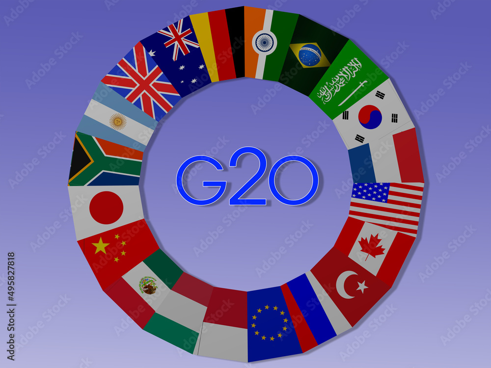 The G20 Summit. Flags of the G20 countries. 3d rendering. Stock ...