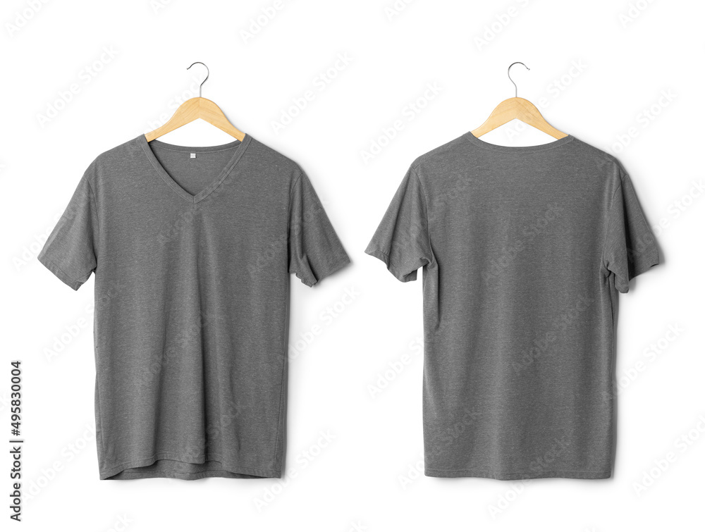 Realistic gray T shirt front and back mockup hanging isolated on white ...
