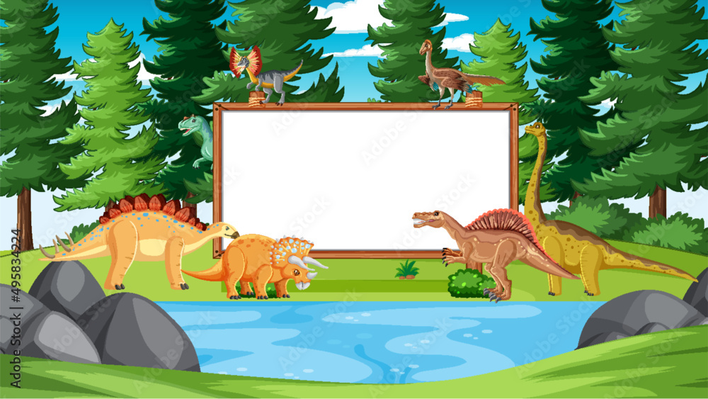 Prehistoric forest with empty board and dinosaur Stock Vector | Adobe Stock
