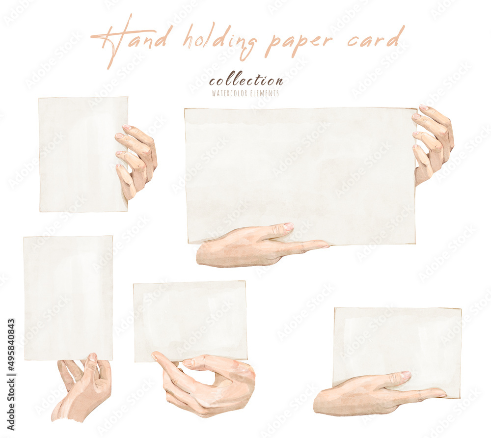 Watercolor hand drawn set with illustration of hands holding empty ...