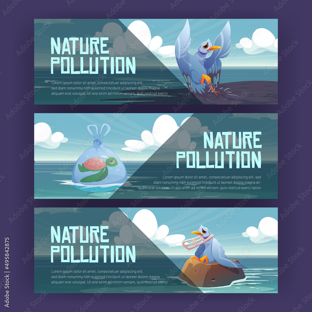 Nature pollution cartoon banners. Wild animals suffer of plastic ...