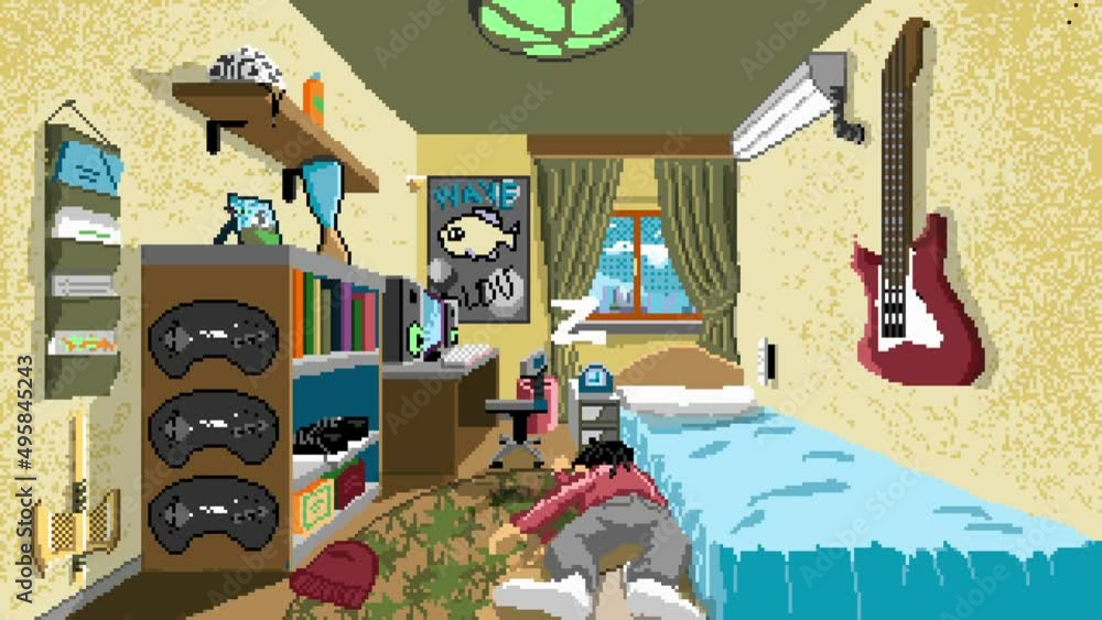 Animation video of a teenager boy room interior design. With bed ...