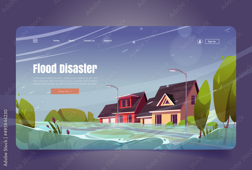 Flood disaster banner with water stream on street with houses at rainy ...