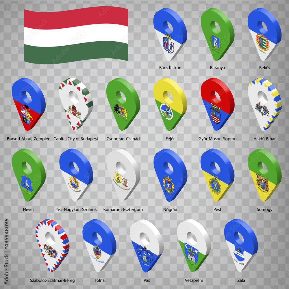 Twenty flags the Regions of Hungary - alphabetical order with name. Set ...