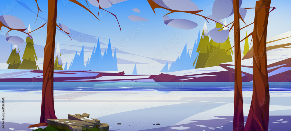 Winter landscape with frozen river, bare trees, coniferous forest and ...