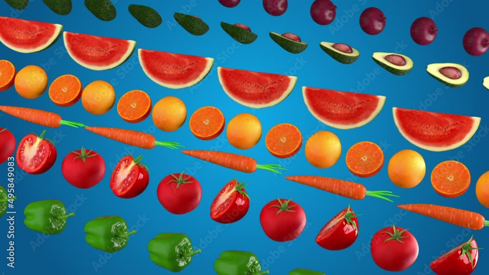 Beautiful animated fresh whole and cut fruits and vegetables on blue ...