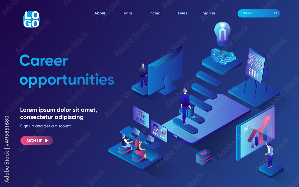 Career opportunities concept 3d isometric web landing page. People ...