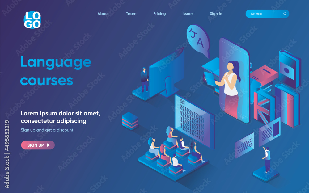 Language courses concept 3d isometric web landing page. People study ...