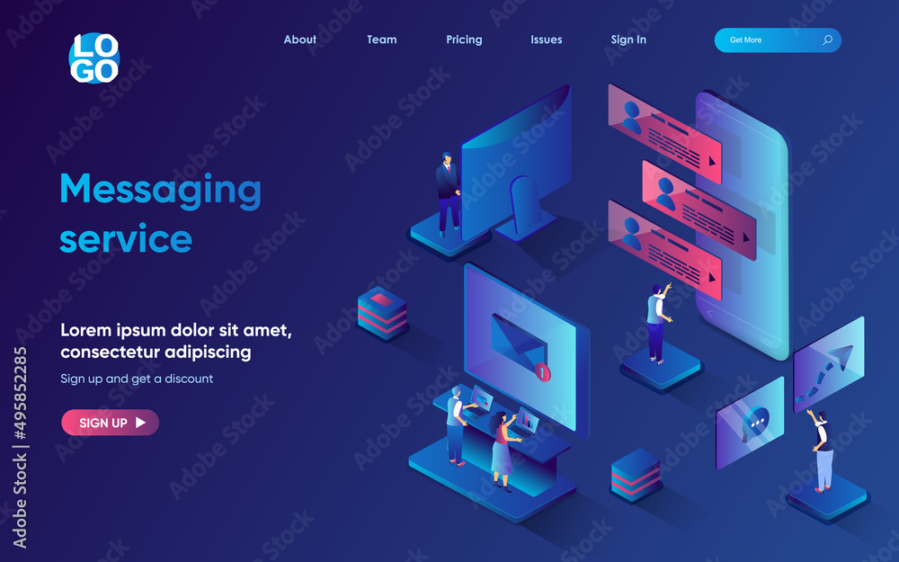 Messaging service concept 3d isometric web landing page. People ...