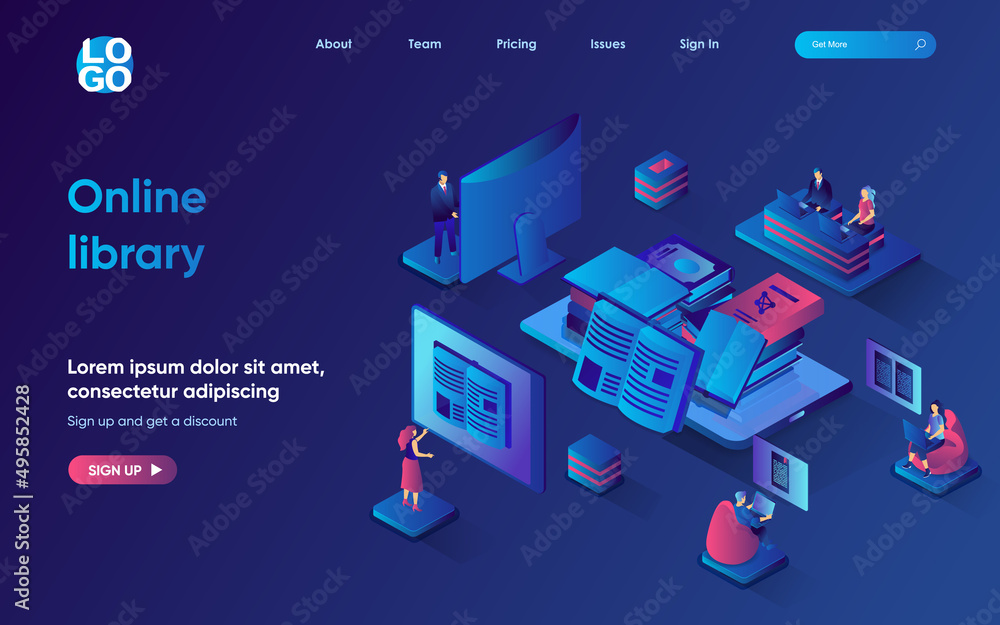 Online library concept 3d isometric web landing page. People read e ...