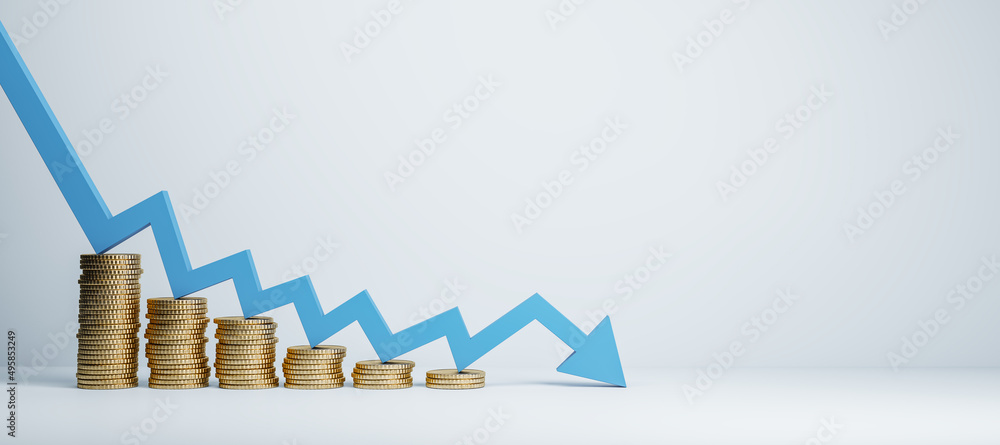 Abstract falling coin stack chart and blue arrow on wide white ...