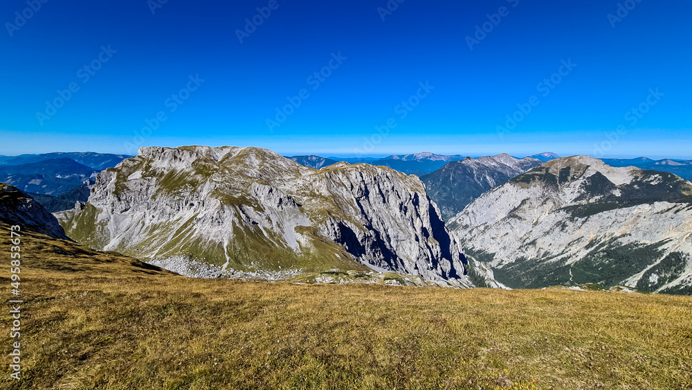 Panoramic view on the mountain peaks of the Hochschwab Region in Upper ...