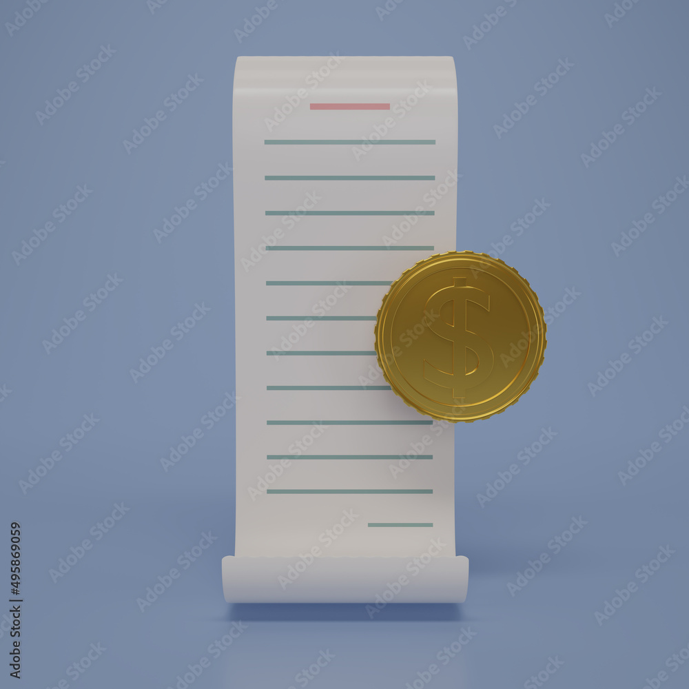 3D render bill payment with gold coin icon isolate on blue background ...
