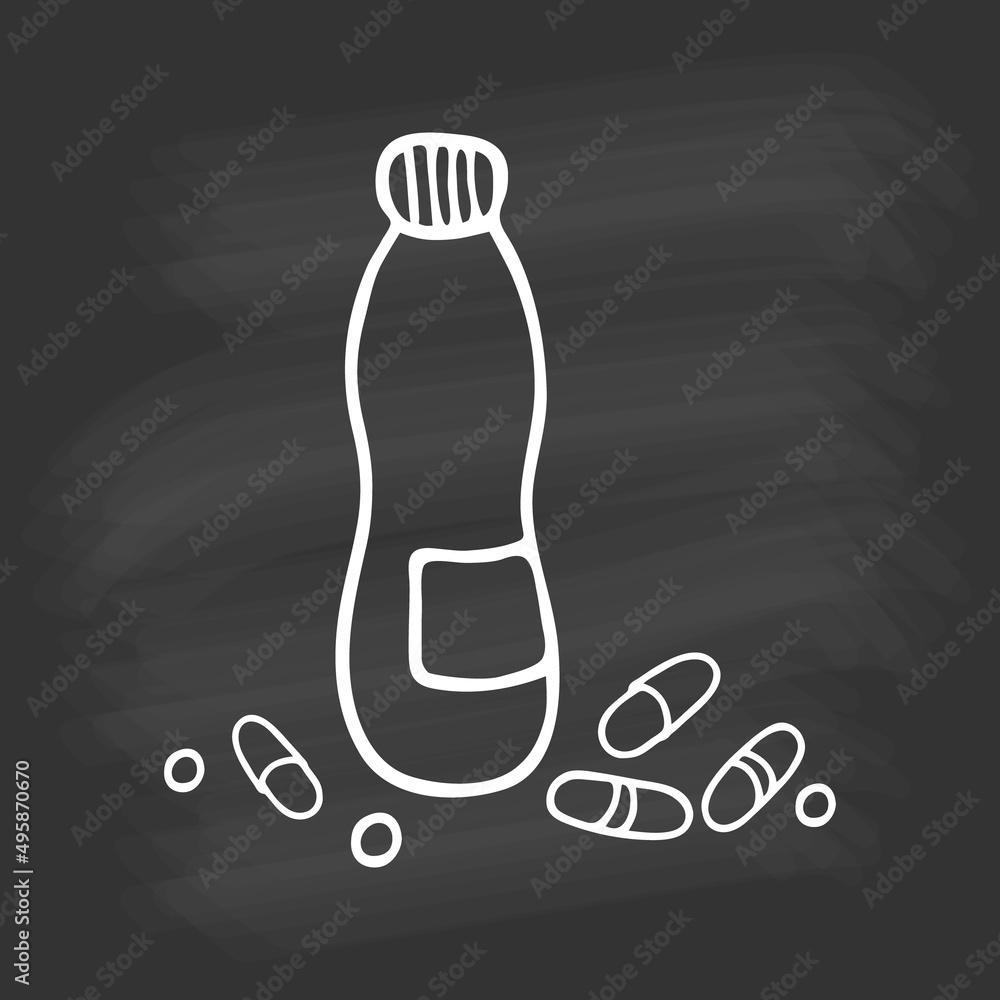 Hand drawn bottle multi-vitamins on chalkboard. White outline on black ...