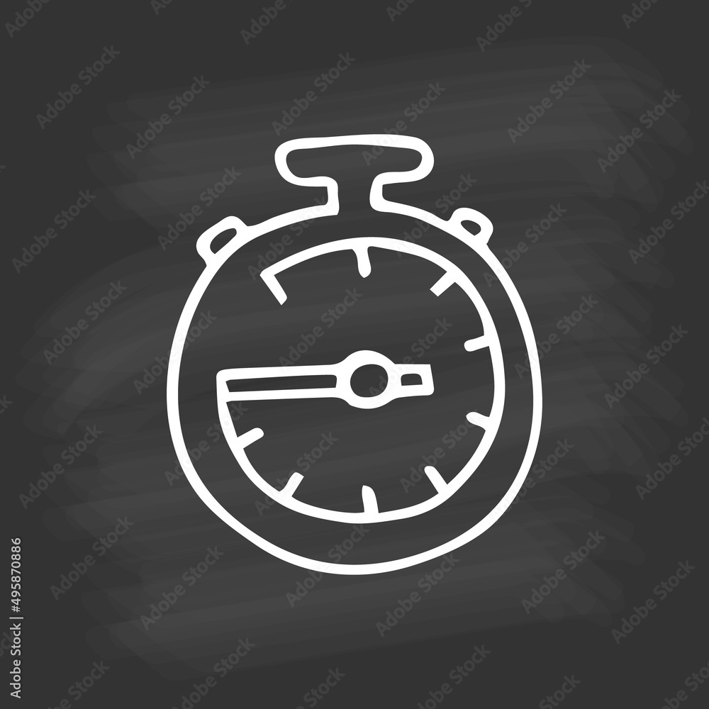 Hand drawn stopwatch on chalkboard. White outline on black background ...
