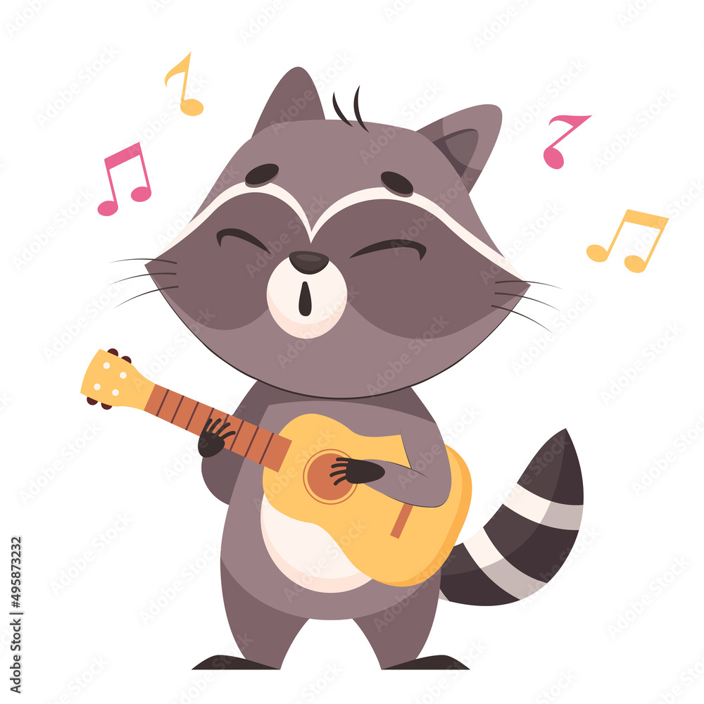 Cute racoon playing guitar cartoon vector illustration. Pretty raccoon ...