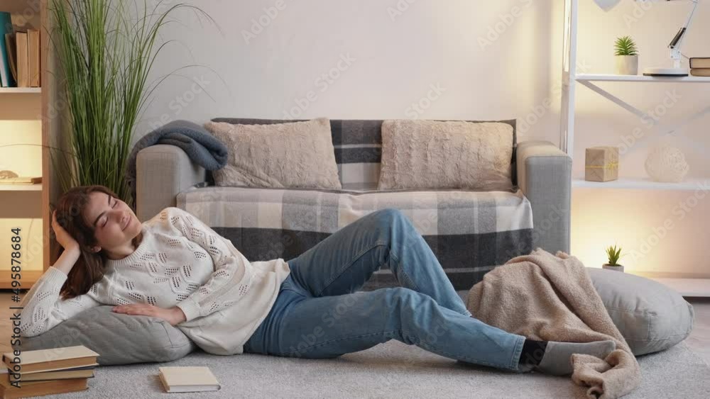 Home rest. Lazy weekend. Indoors relax. Peaceful dreamy young woman ...