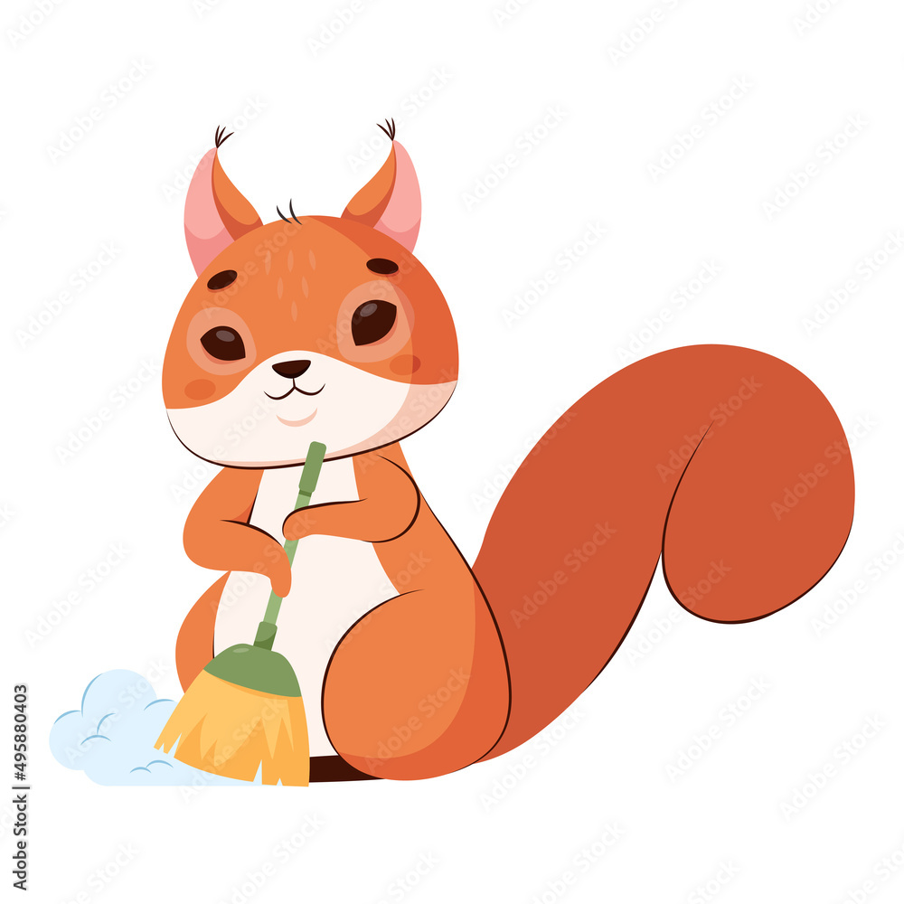 Pretty squirrel cleaning up floor cartoon vector illustration. Cute ...