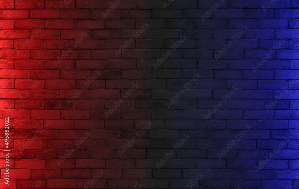 Lighting effect red and blue on empty brick wall background. Backdrop ...
