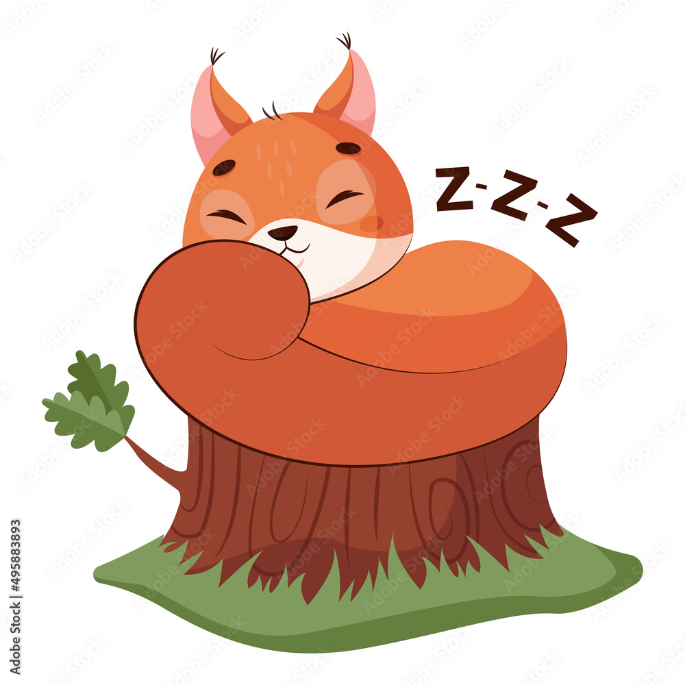Squirrel sleeping on tree stump cartoon vector illustration. Cute ...