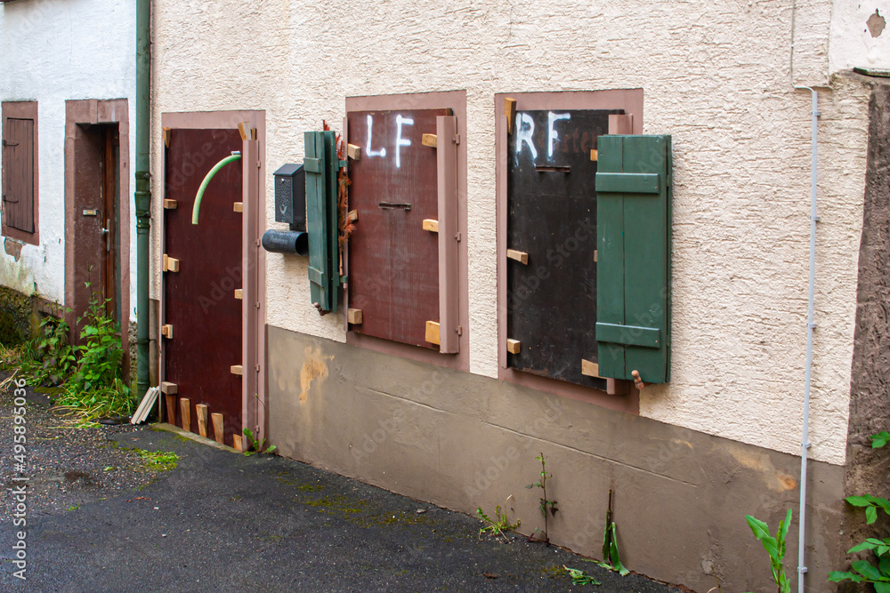 Flood protection measures on houses in an old town in southern Germany ...