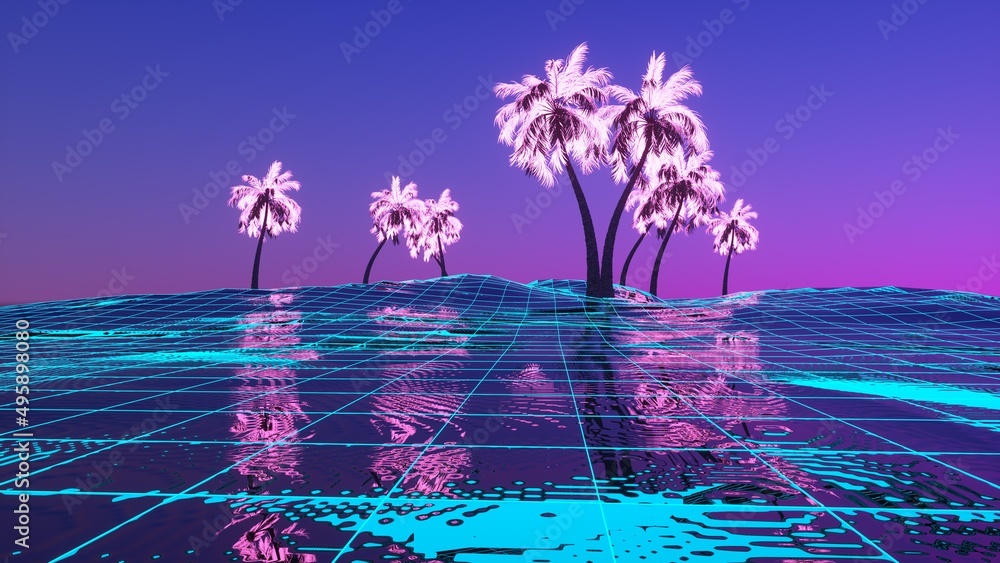 Blue and purple neon wireframe landscape with palm trees against violet ...