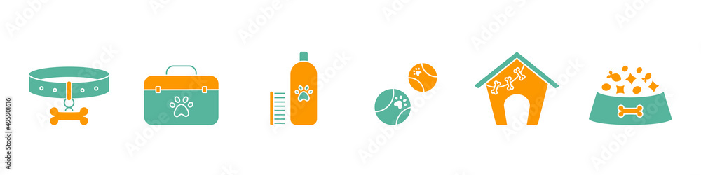 Vector illustration of cartoon pet equipment icons on white background ...
